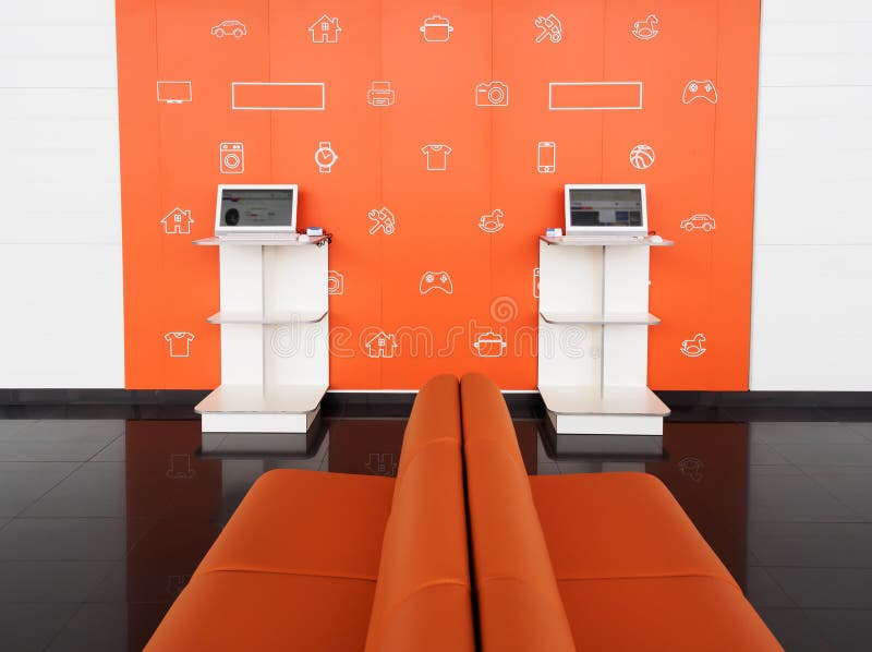 Point Orders Online Store Orange Color Interior with Sofas. Online ...