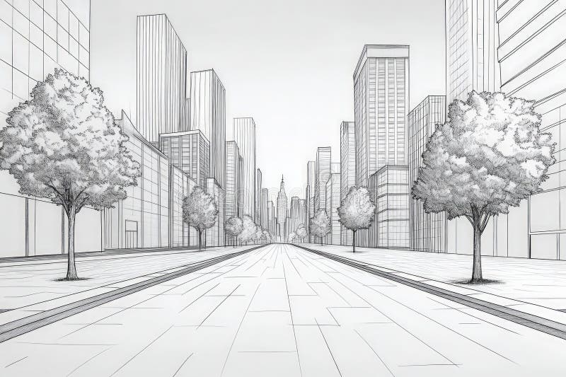 A 2-point Perspective Drawing of a Cityscape, Clean and Technical Stock ...