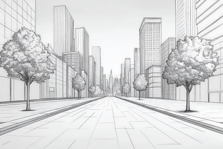 A 2-point Perspective Drawing of a Cityscape, Clean and Technical Stock ...