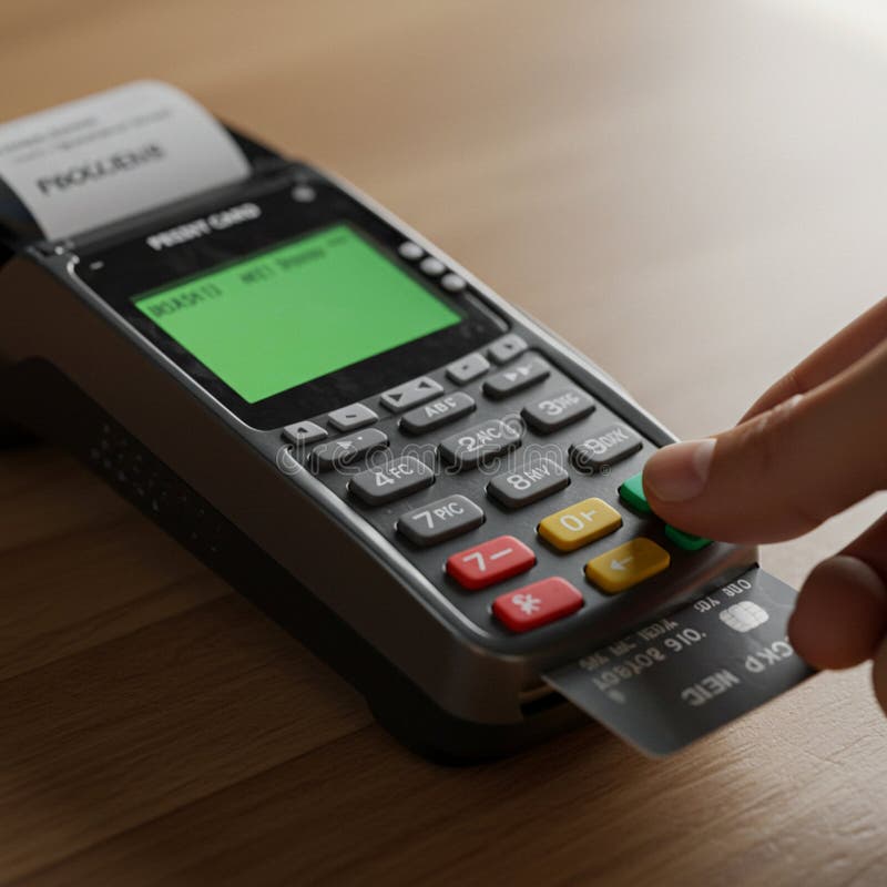 A Point-of-sale (POS) Terminal with a Green-lit Screen Displaying ...