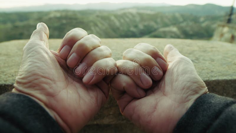 Point of View Hands of an Elderly Man Touch the Balcony and Overlooks ...