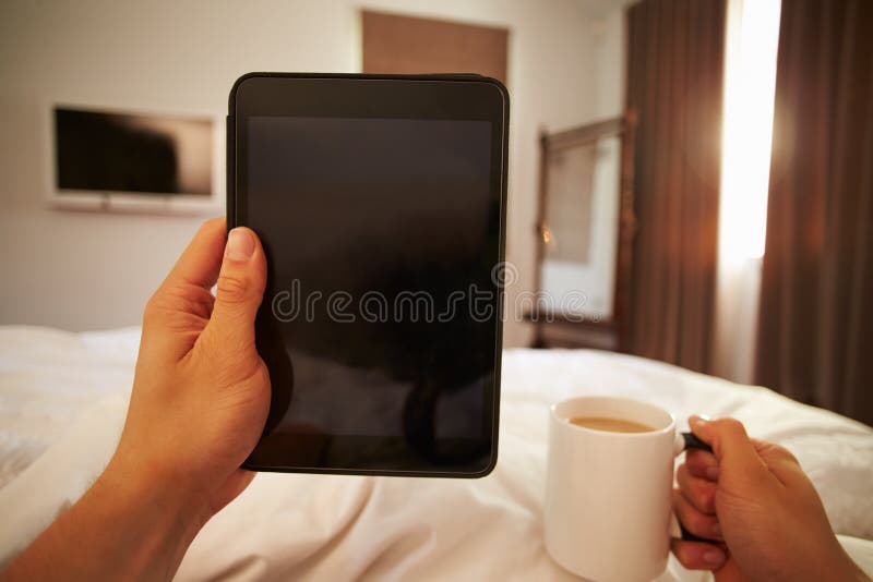 Point of View Image of Man in Bed Looking at Digital Tablet Stock Photo ...