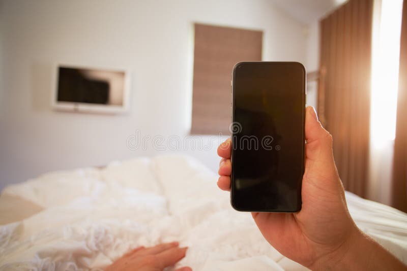 Point of View Image of Person in Bed Looking at Mobile Phone Stock ...