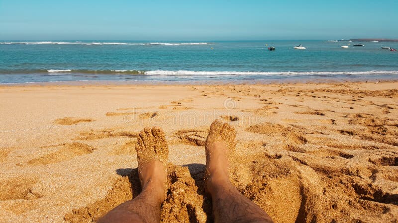 Point of View of Man`s Feet Full of Sand in Front of the Beach Stock ...