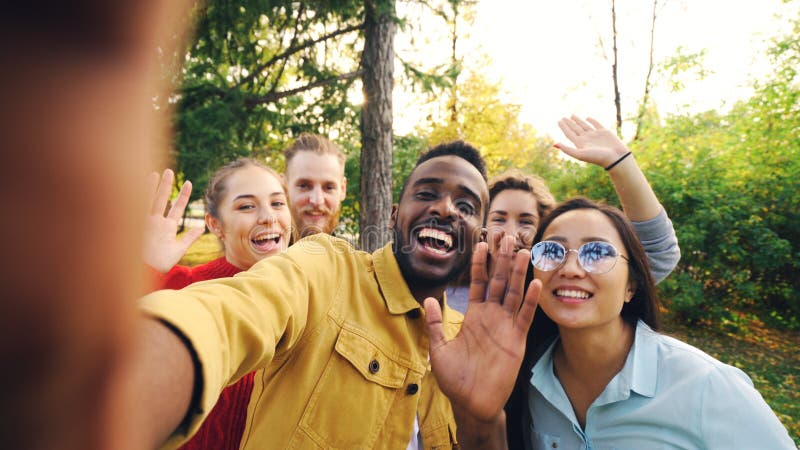 Point of View Shot of Cheerful Students Making Online Video Call ...