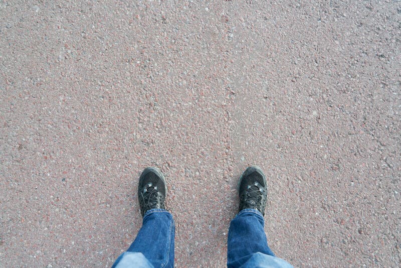 Point of View with Sneaker Shoes Standing on Grey Road Stock Image ...