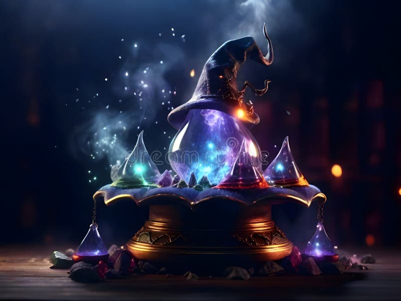 Pointed Wizard or Witch Hat with Potions and Crystals Lit from Inside ...