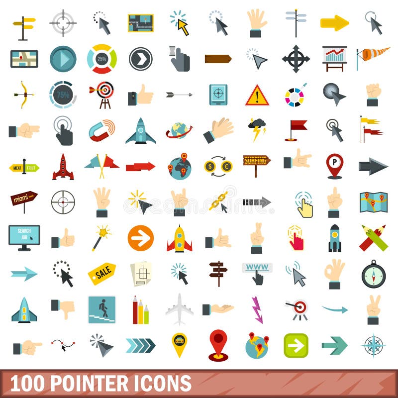 100 Pointer Icons Set, Flat Style Stock Vector - Illustration of click ...