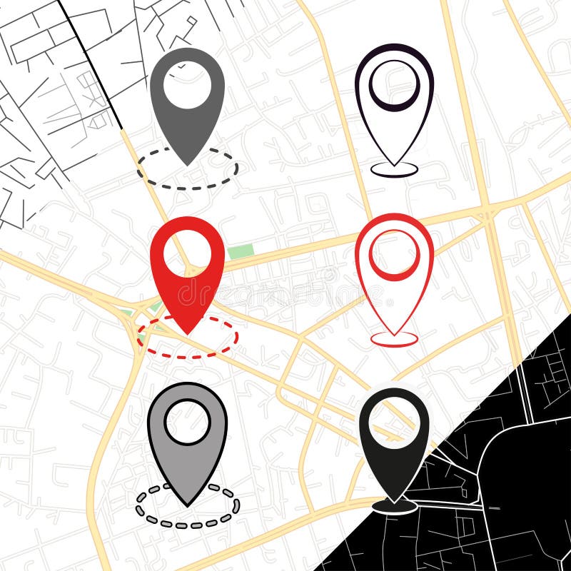 Pointers with Area Icons on Vector Map Stock Vector - Illustration of ...