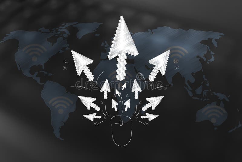 Pointers Spreading Out of a Computer Mouse Over World Map Stock ...