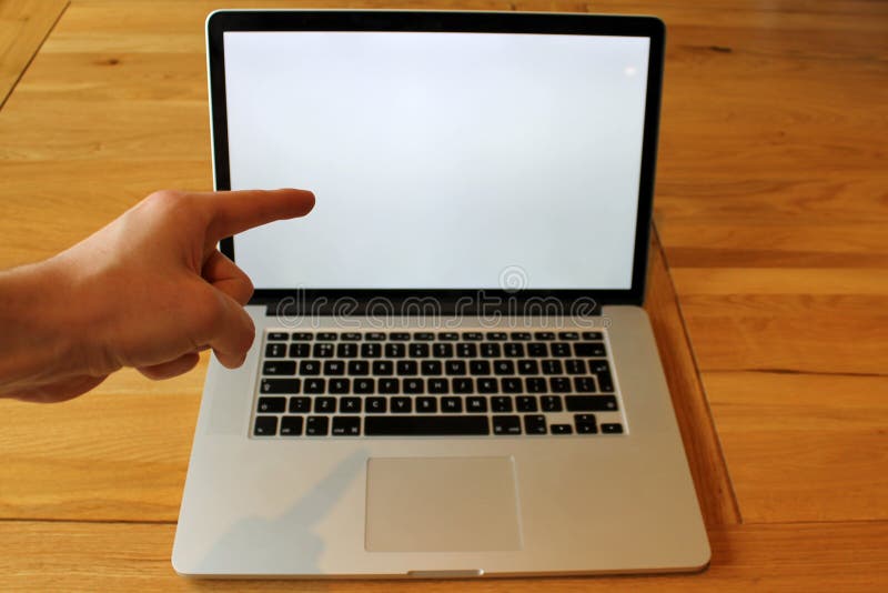 Pointing at Blank Laptop with Left Hand Stock Image - Image of mobility ...