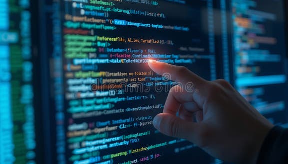 Pointing at Computer Code on Screen with Finger for Correction Stock ...