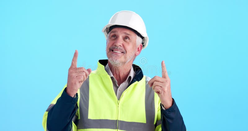 Pointing, Engineering and Construction Worker in Studio with Mockup ...
