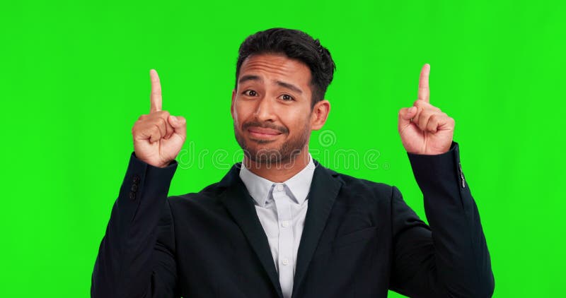 Pointing, Face and a Businessman on a Green Screen with a Decision ...