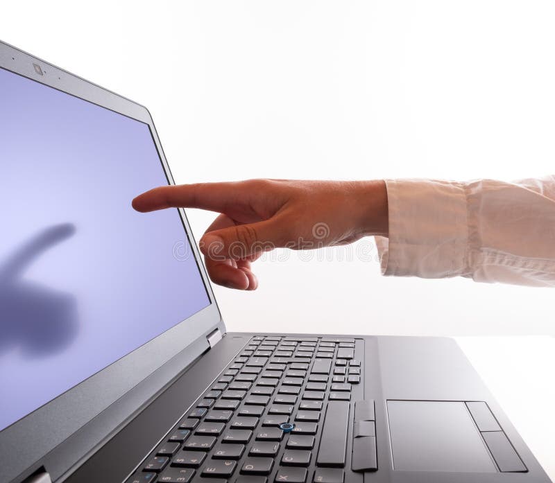 Pointing Finger on the Computer Monitor Stock Photo - Image of finger ...