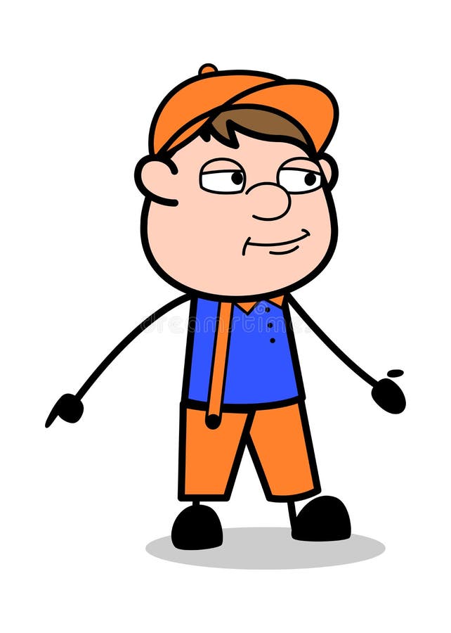 Pointing Finger Down - Retro Cartoon Carpenter Worker Vector ...