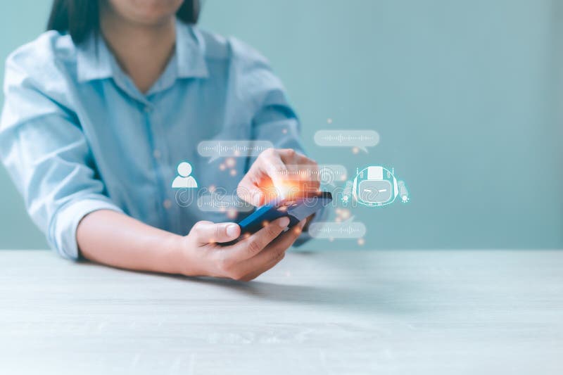 Pointing Finger on Smartphone Digital AI Chatbot Communicate and ...