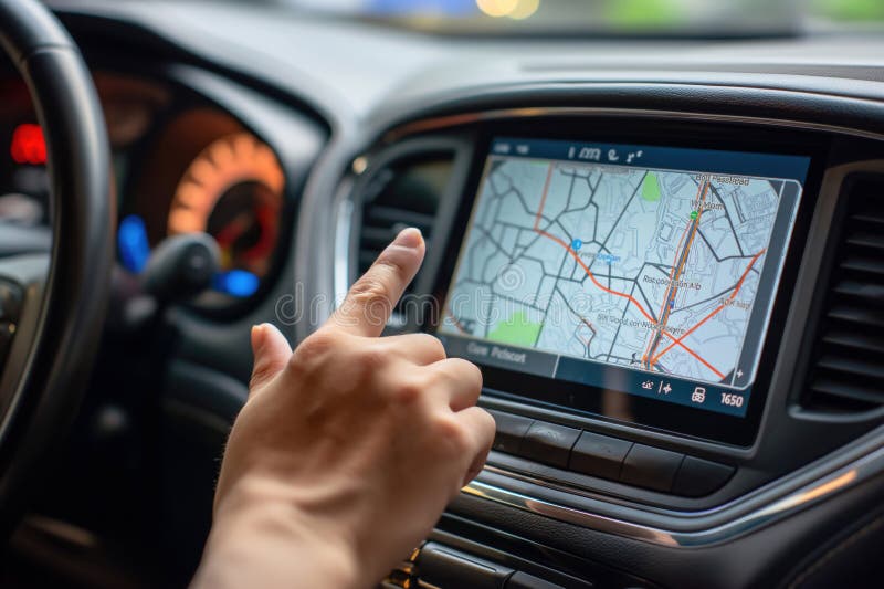 Pointing Finger Touching Control Panel of Gps Map Display Screen in Car ...