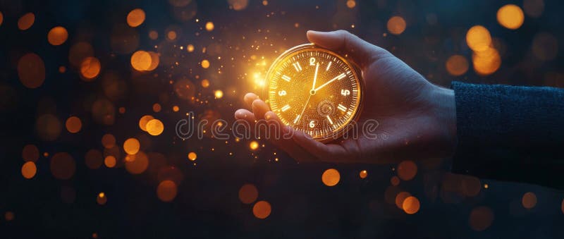 Pointing at a Glowing Clock Face, a Man Stands with Blurred Lights ...