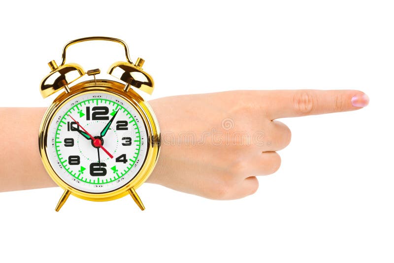 Pointing Hand and Alarm Clock Like a Watch Stock Photo - Image of ...