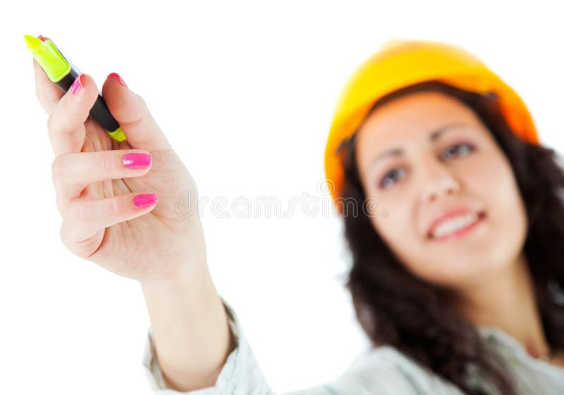 Pointing Marker Woman Hardhat Stock Image - Image of protection ...