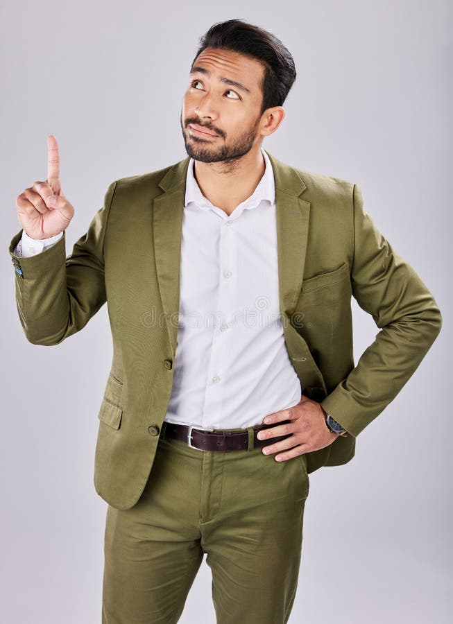 Pointing, Solution and Idea with Man in Studio for Thinking, Product ...