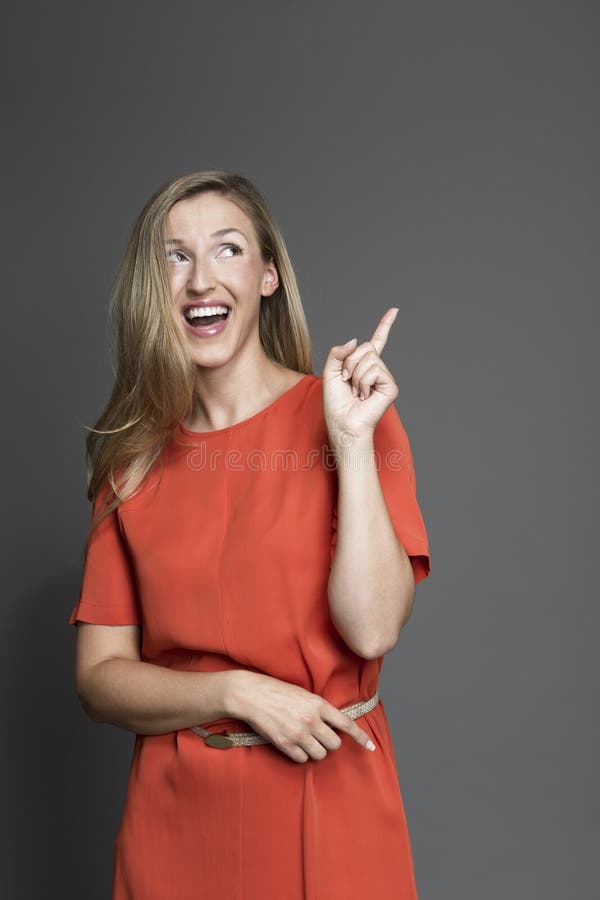 Pointing up woman stock image. Image of endorsing, blank - 30983415