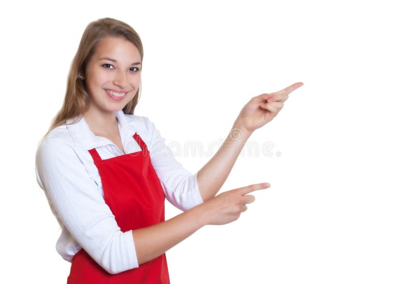 Pointing Waitress with Red Apron Stock Photo - Image of inviting ...