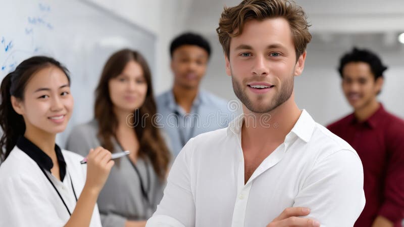 Pointing at a Whiteboard, with a Small Supportive Team of Counselor, it ...