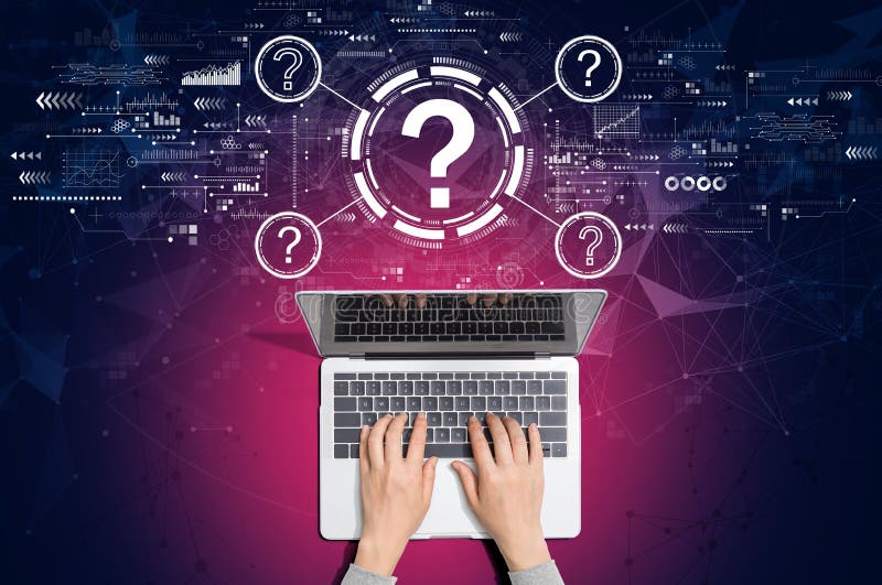 Points D'interrogation Avec Personne Utilisant Un Ordinateur Portable ...