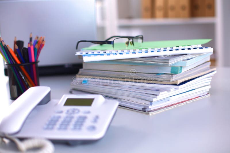 Points on the Office Desktop with a Computer and Documents Stock Photo ...