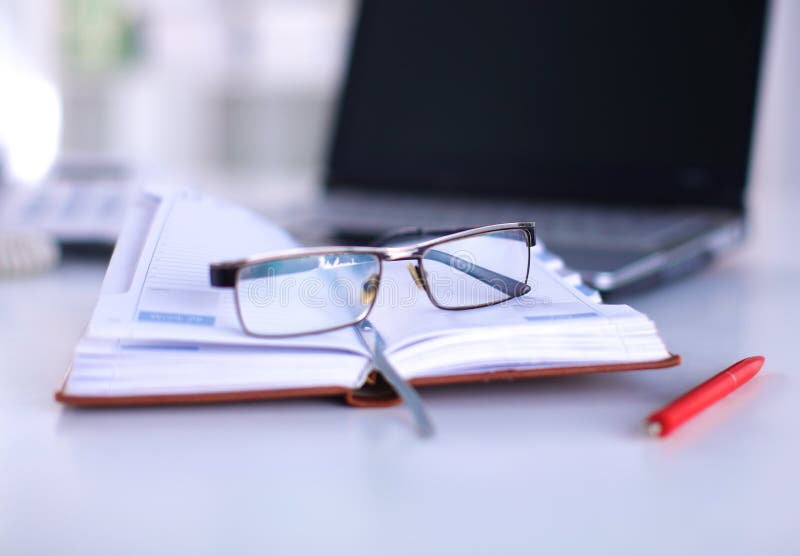 Points on the Office Desktop with a Computer and Documents Stock Photo ...