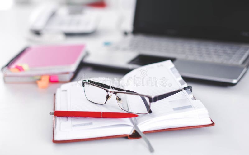 Points on the Office Desktop with a Computer and Documents Stock Image ...