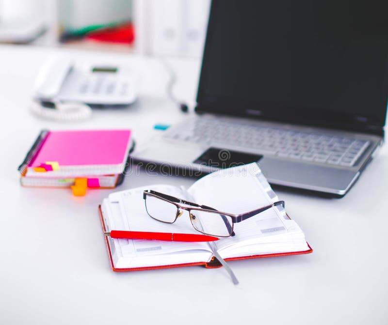 Points on the Office Desktop with a Computer and Documents Stock Photo ...