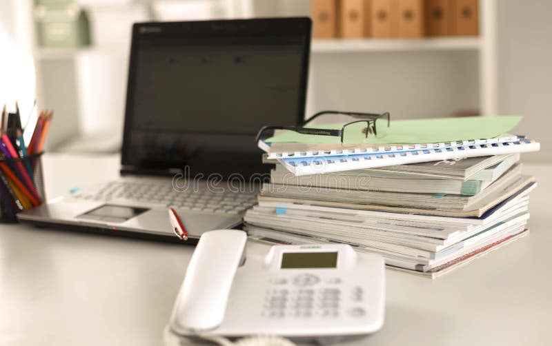 Points on the Office Desktop with a Computer and Documents Stock Photo ...