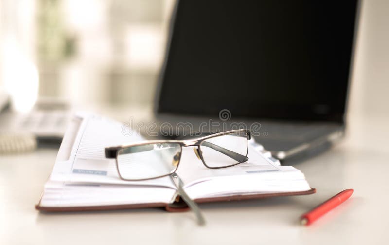 Points on the Office Desktop with a Computer and Documents Stock Photo ...