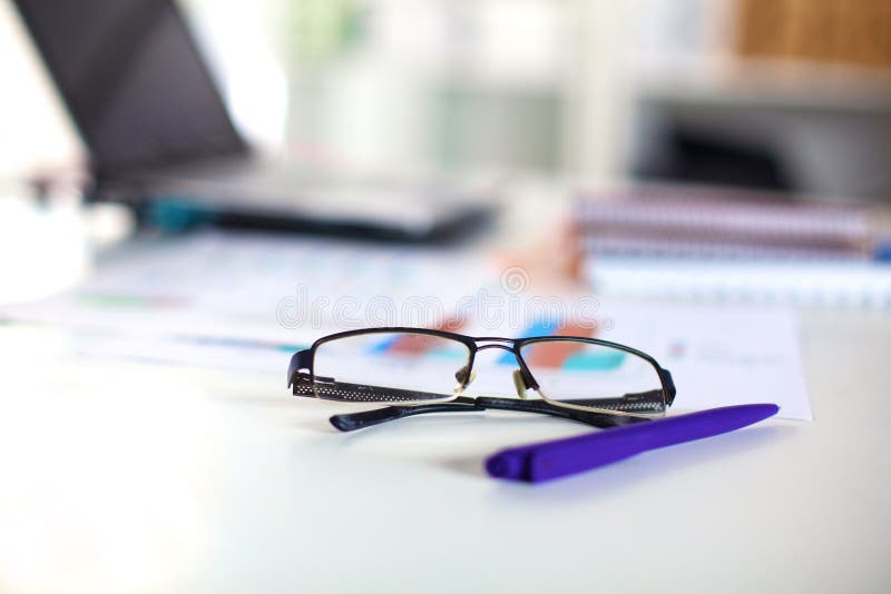 Points on the Office Desktop with a Computer and Documents Stock Photo ...