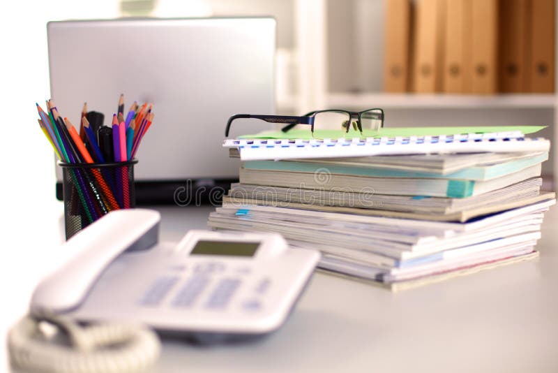 Points on the Office Desktop with a Computer and Documents Stock Image ...