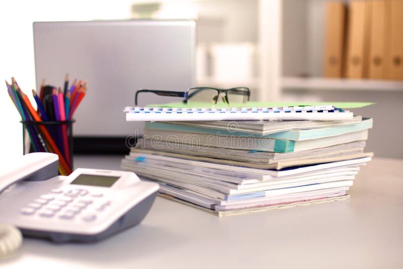 Points on the Office Desktop with a Computer and Documents Stock Photo ...