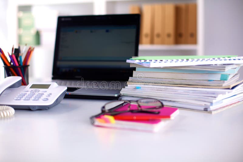 Points on the Office Desktop with a Computer and Documents Stock Photo ...
