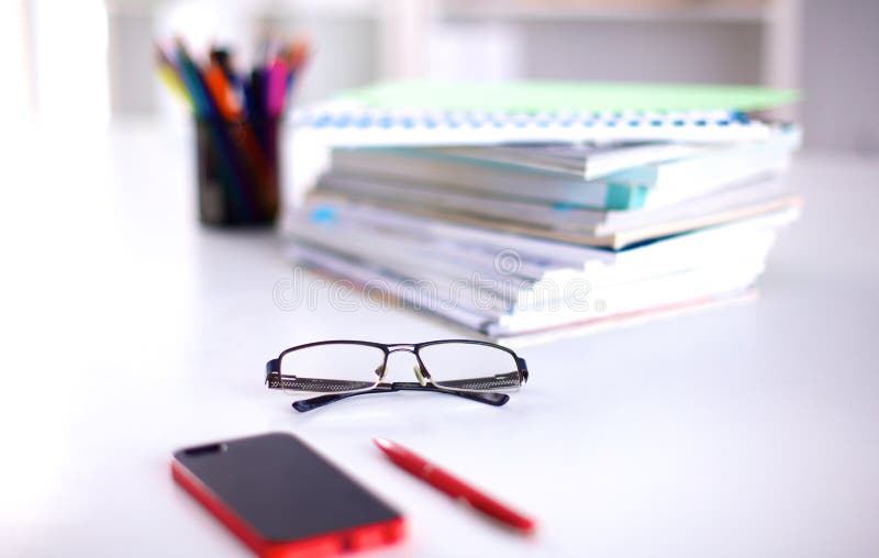 Points on the Office Desktop with a Computer and Documents Stock Photo ...
