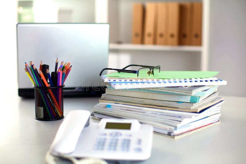 Points on the Office Desktop with a Computer and Documents Stock Photo ...