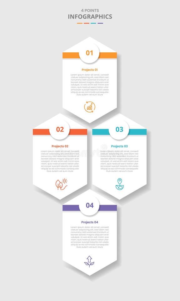 4 Points Template Infographic with Tall Hexagon on Vertical Structure ...
