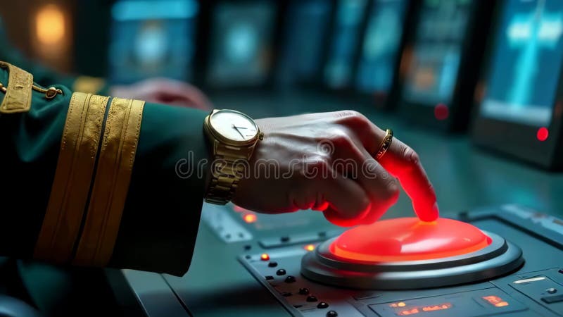 A Poised Hand in a Uniform Presses a Red Button in a High-tech Control ...