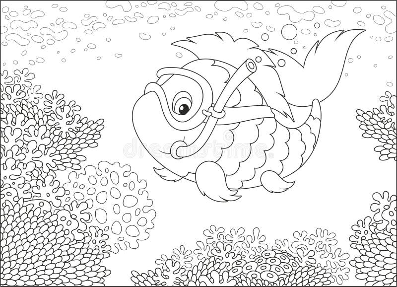 Plongeur De Prise D'air De Poissons De Livre De Coloriage Illustration ...