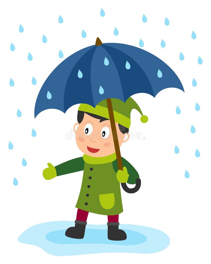 Gullig Tecknad Filmkatt, Paraply, Regn Och Pölar Vektor Illustrationer ...