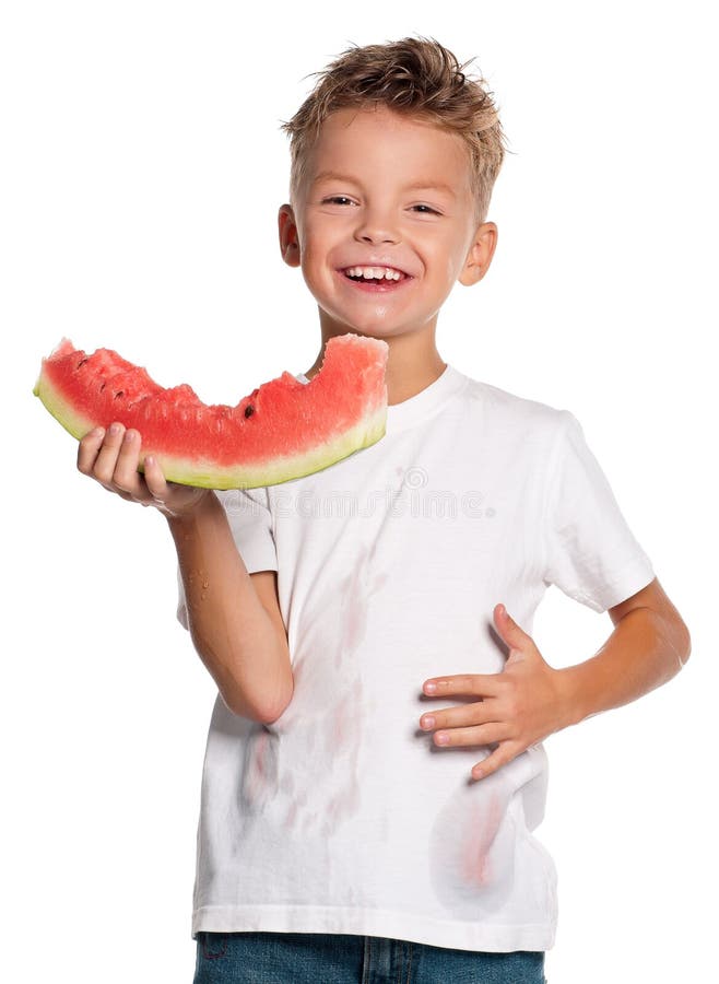Pojke med vattenmelon arkivfoto. Bild av liten, bakgrund - 33158954