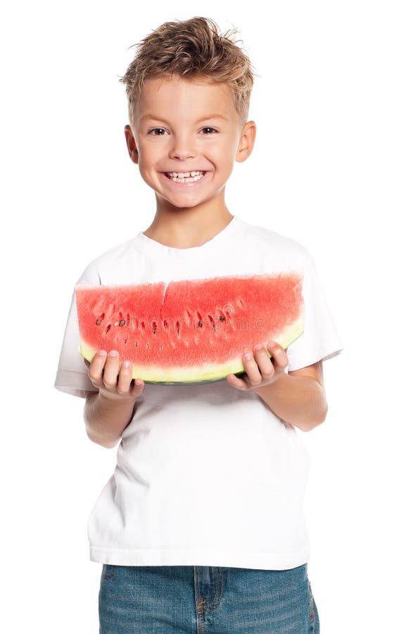 Pojke med vattenmelon arkivfoto. Bild av liten, bakgrund - 33158954