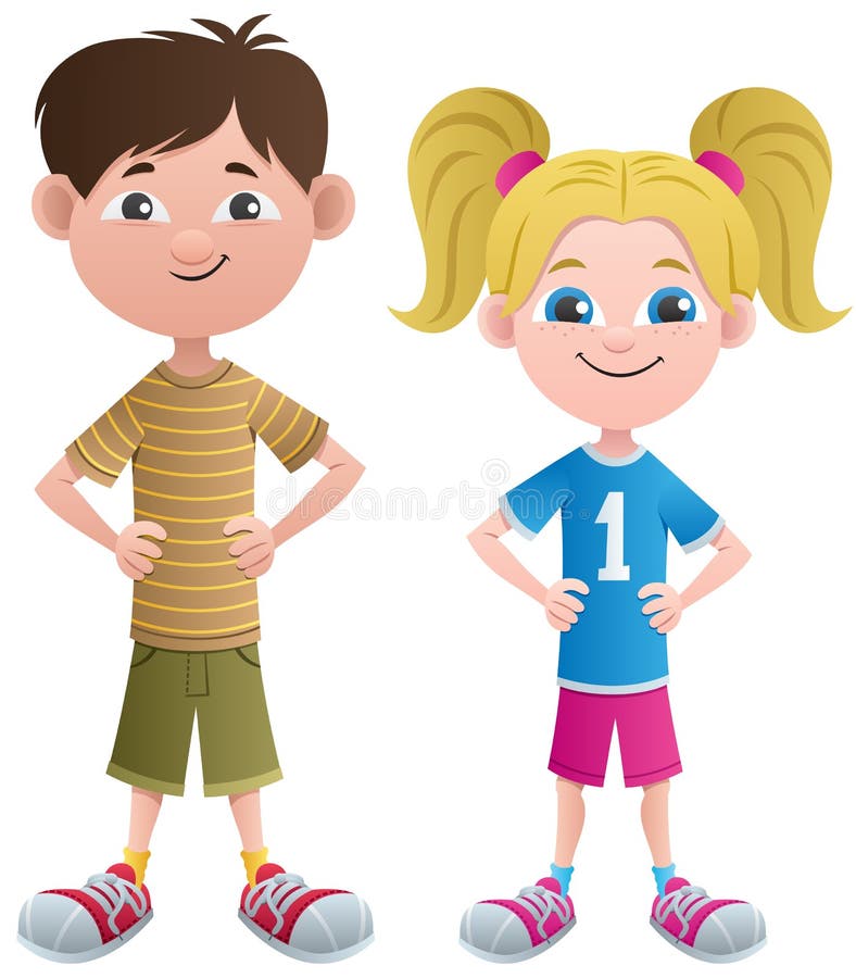 Tecknade Pojke Och Flicka Ger Tummen Upp Vektor Illustrationer ...