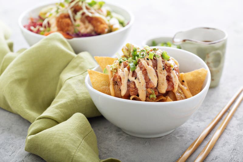 Poke Bowl with Fried Wonton Wrappers Stock Image - Image of fried ...